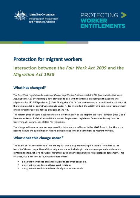 Protection for migrant workers - Department of Employment and Workplace Relations, Australian ...